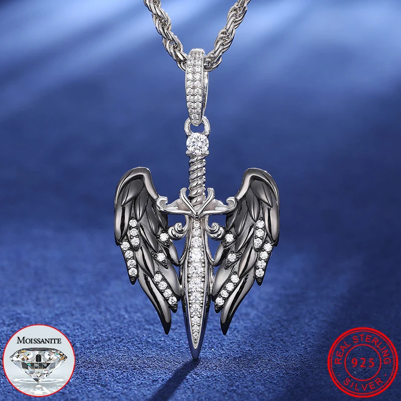 New-Original-S925-Sterling-Silver-Angel-Wings-Sword-Pendant-Necklace ...