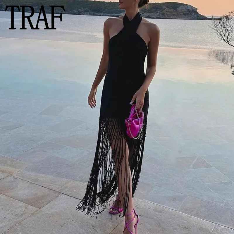 TRAF-vestido-negro-con-cuello-Halter-para-mujer-traje-Sexy-con-flecos ...