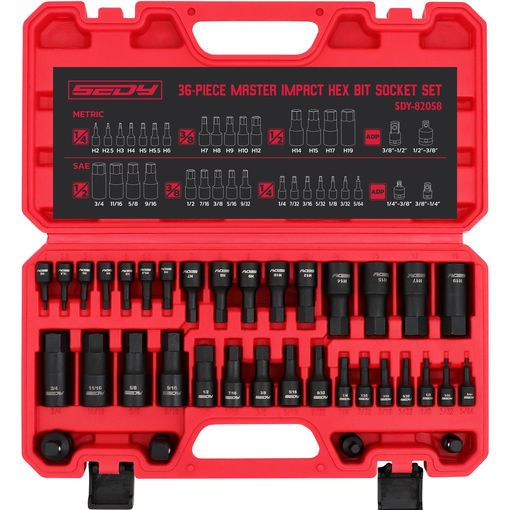 SEDY 36-Piece Hex Bit Impact Socket Set with 4 Adapters 1/4" 3/8" 1/2 ...