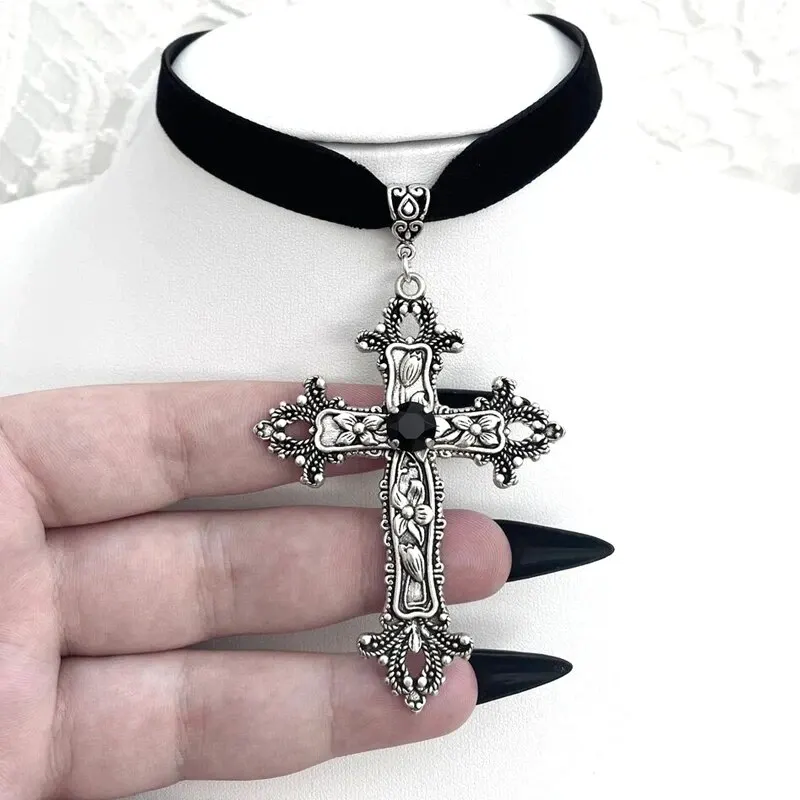 A-Classic-Gothic-Large-Cross-Shaped-Black-Velvet-Necklace-Prepared-for ...