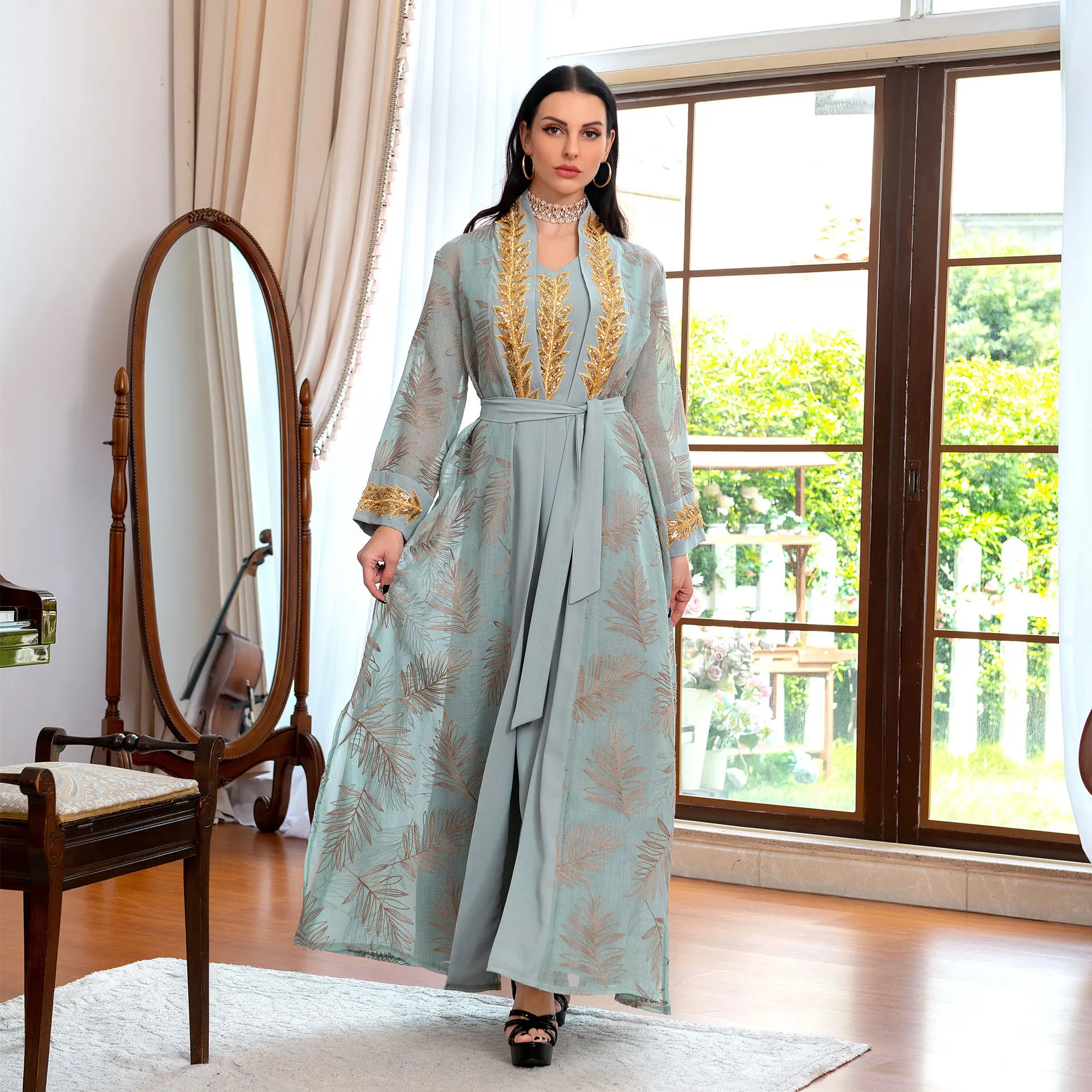 Elegant-Muslim-Evening-Dress-Open-Abaya-Leaves-Embroidery-Belted-Robe ...