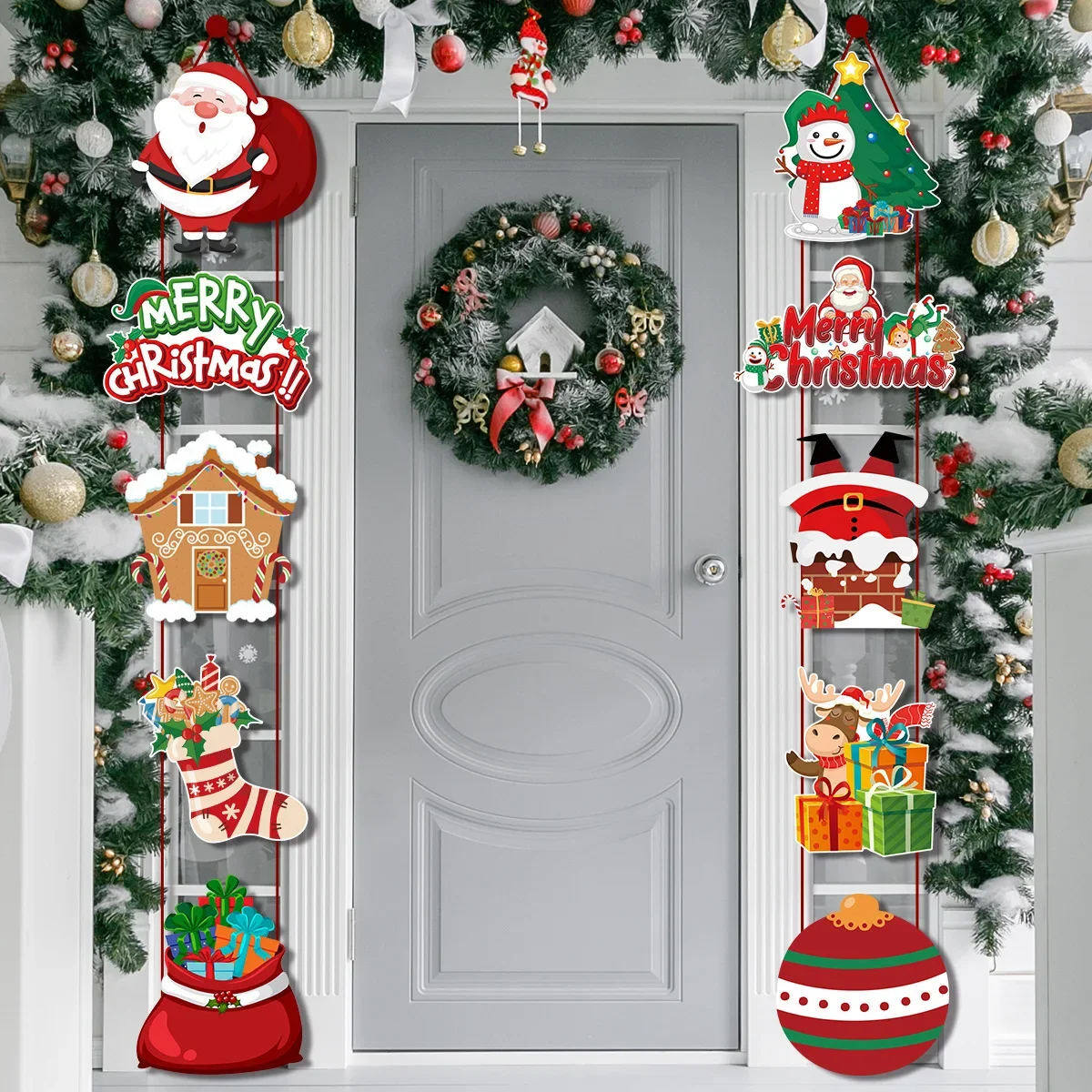 Merry-Christmas-Door-Hanging-Banner-Santa-Claus-Snowman-Elk-Couplet ...