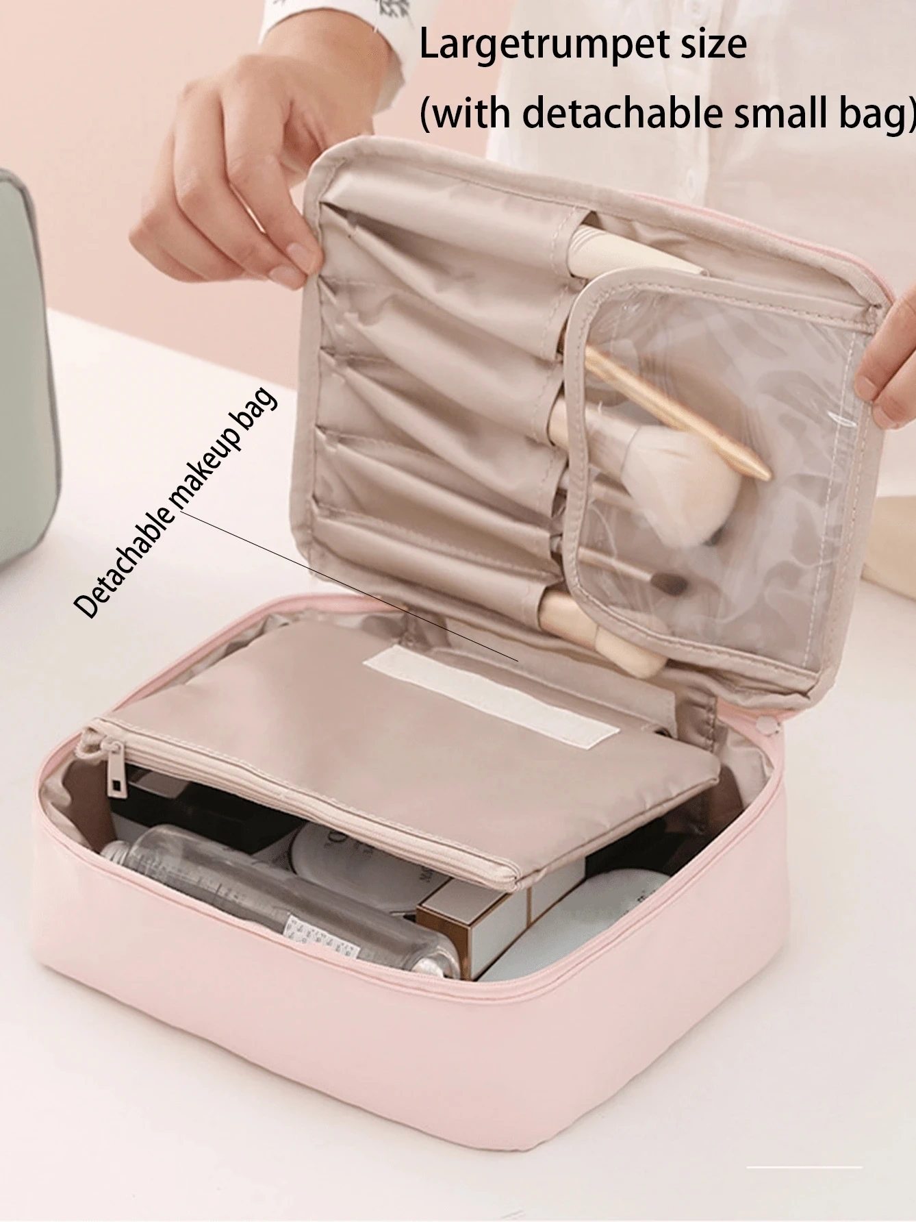 Large Capacity Pink Waterproof Cosmetic Bag Multifunctional Detachable ...