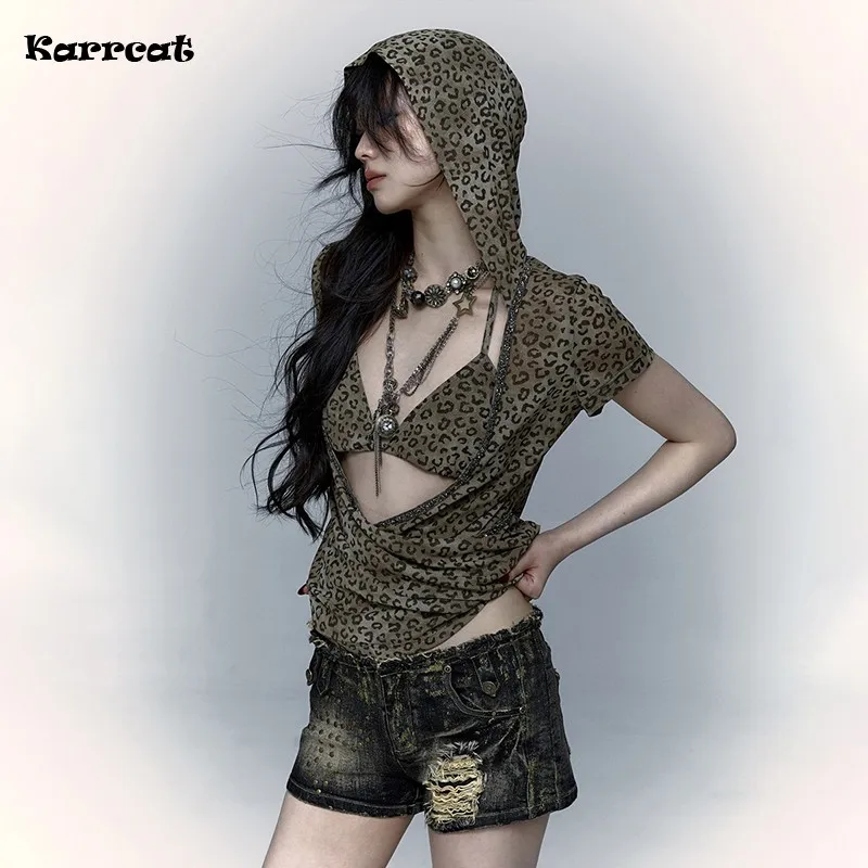 Karrcat-Grunge-Aesthetics-Leopard-Print-T-shirt-Trashy-Y2k-Hooded-Top-Vintage-Punk-Short-Sleeve ...