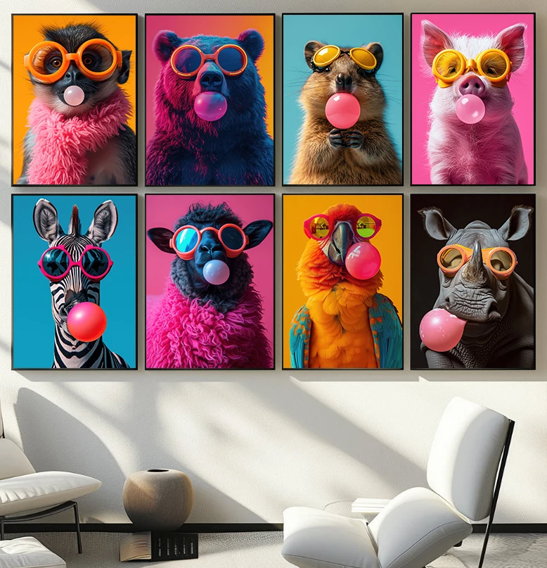 Colorful Animals Pink Bubblegum Canvas Print Poster Cute Animals ...