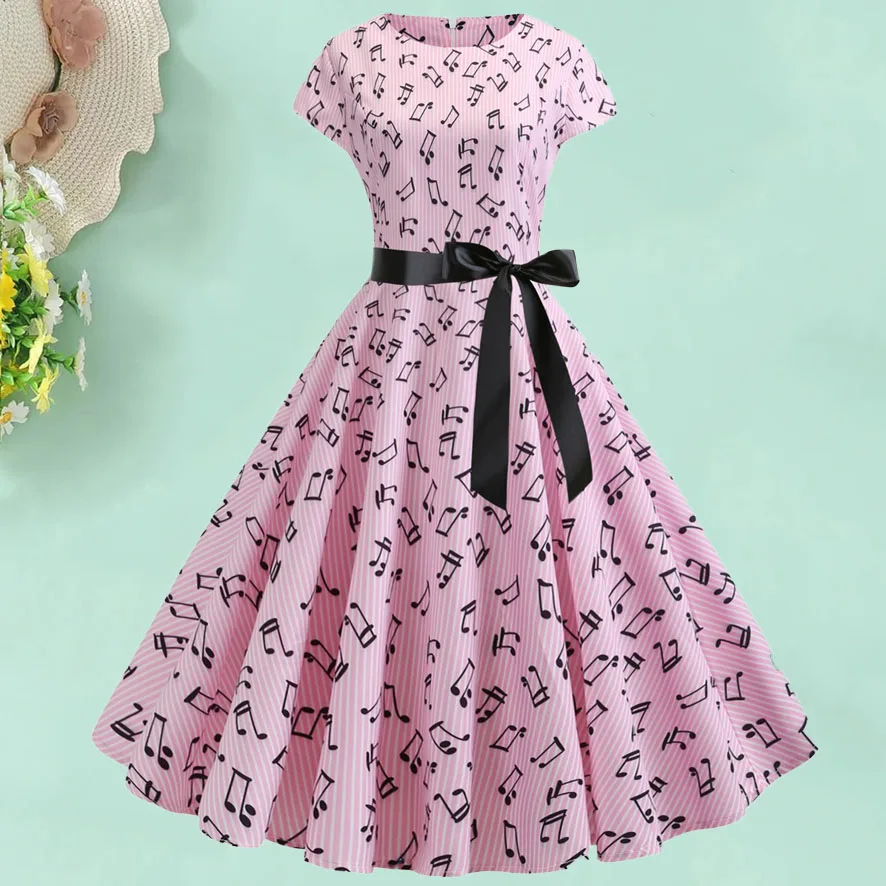Vintage-Musical-Note-Dresses-Elegant-Women-O-Neck-Lace-Up-Printed-Dress ...