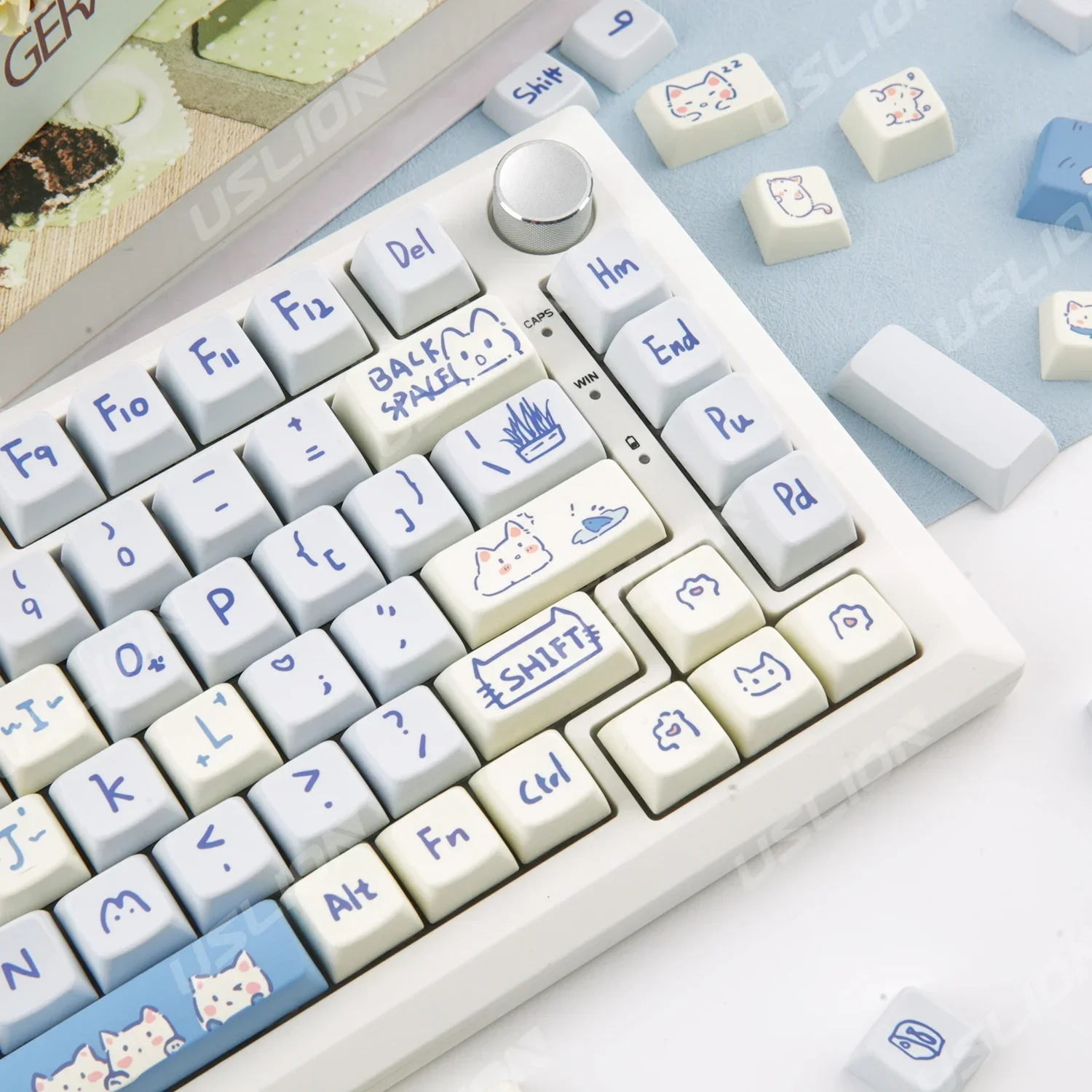 147-keys-Cute-Cartoon-Blue-White-Cat-Keycaps-MDA-Profile-KeyCaps-Scrawl ...