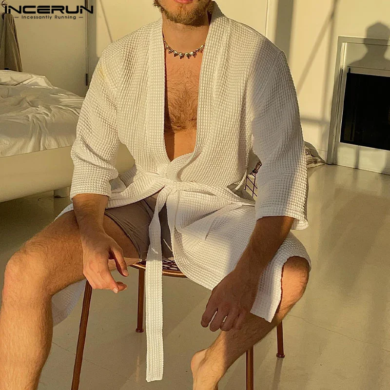 2024-Men-Robes-Solid-Color-Long-Sleeve-Open-Stitch-Homewear-Lace-Up ...