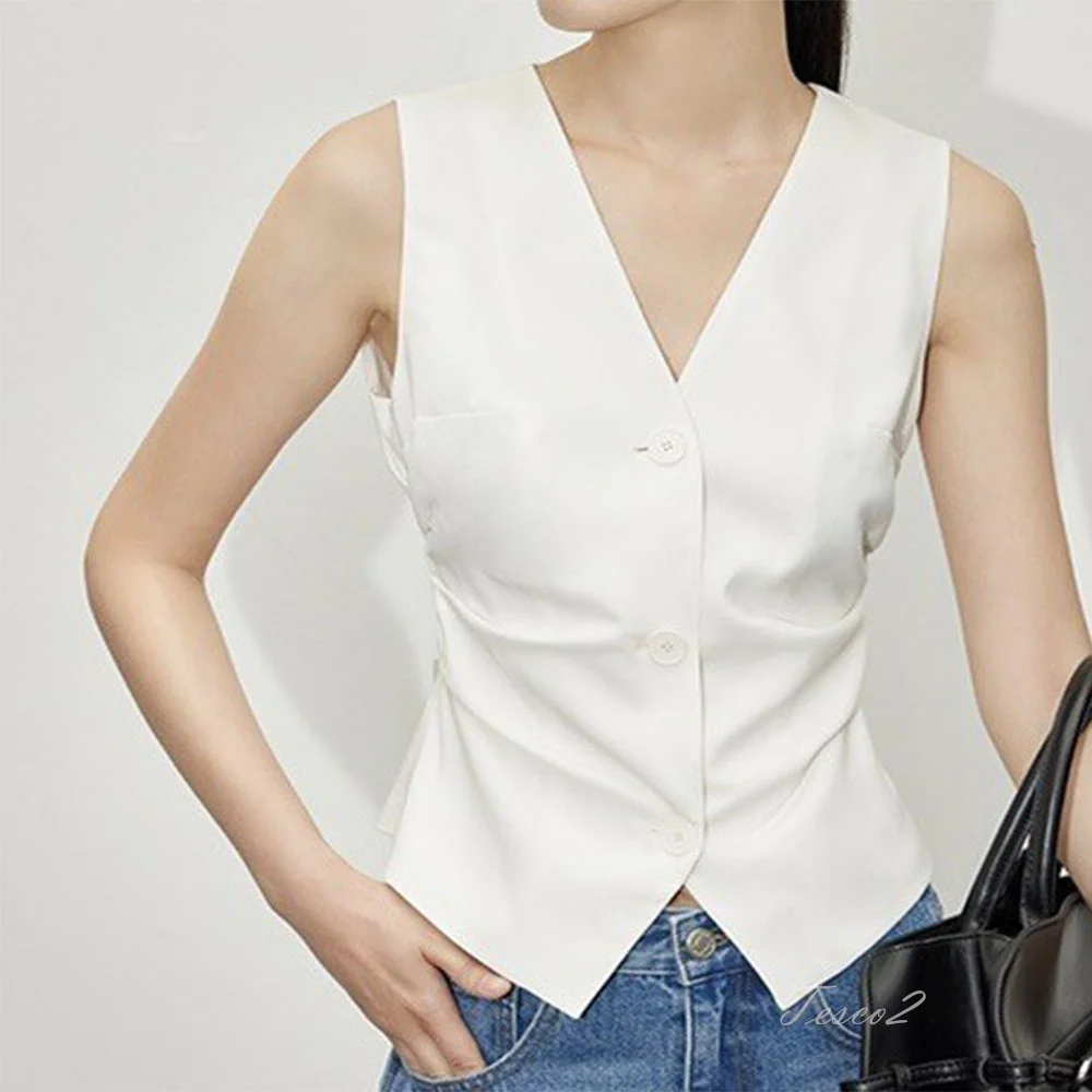 Tesco-White-V-Neck-Sleeveless-Vest-Suit-for-Women-Vintage-Summer-Slim ...