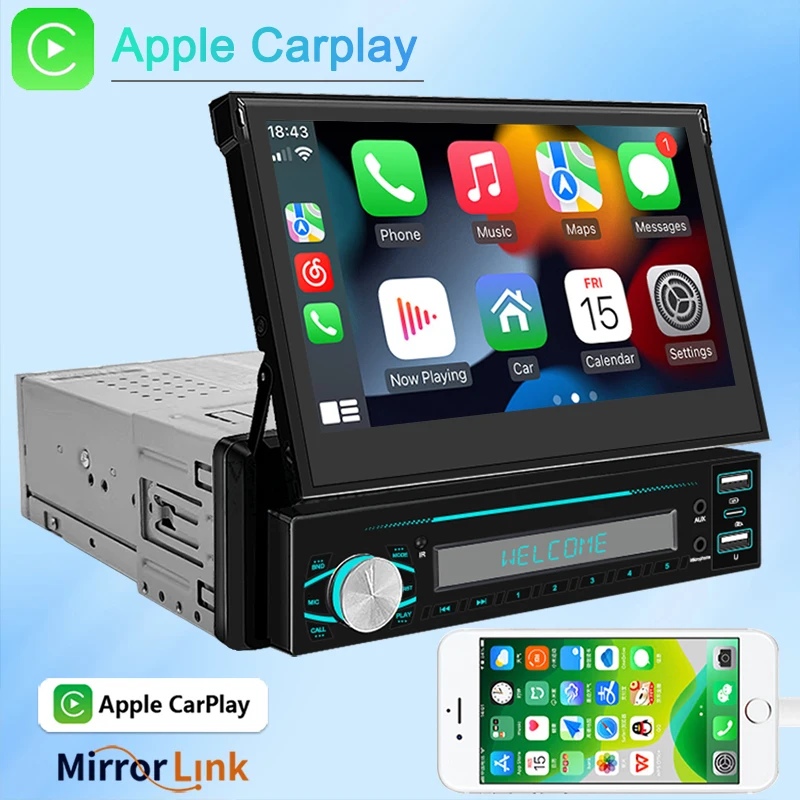 7 Inch 1DIN Car Radio Retractable Apple CarPlay Android Auto HD Touch ...