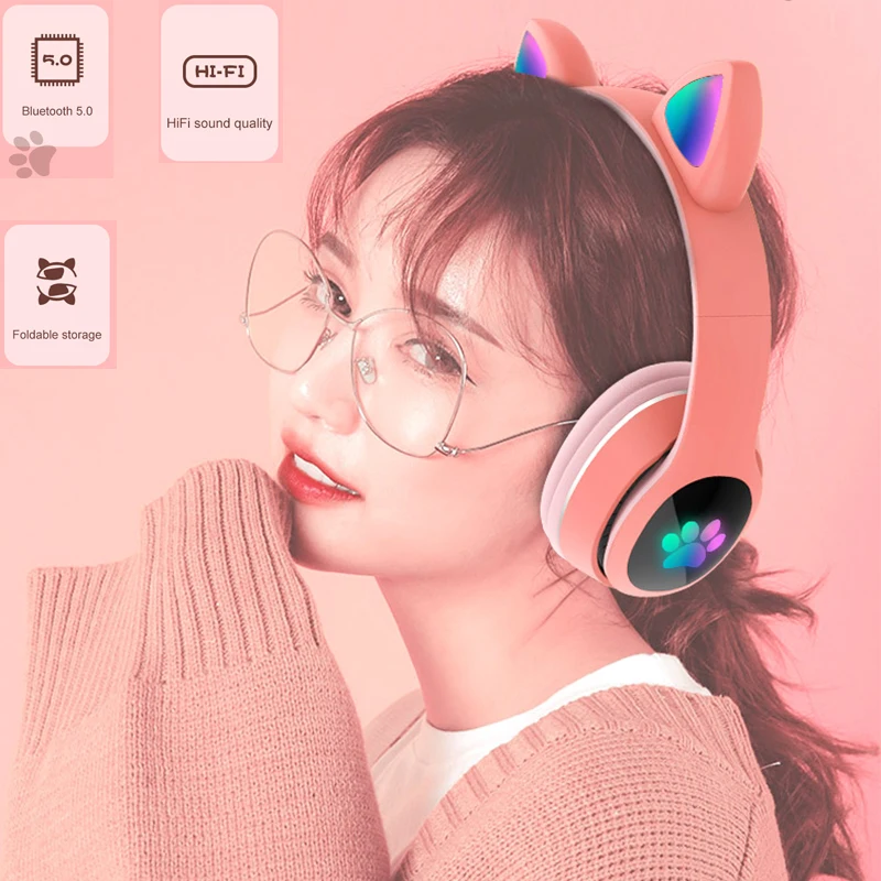 Wireless-Headphones-Cat-Ear-with-Mic-Blue-tooth-Glow-Light-Stereo-Bass ...