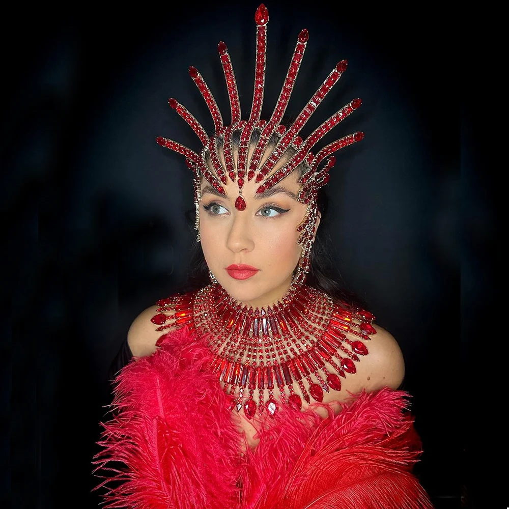 CUIER-Amazing-Red-Glass-Strass-Headpiece-Necklace-for-Women-Shows-Drag ...