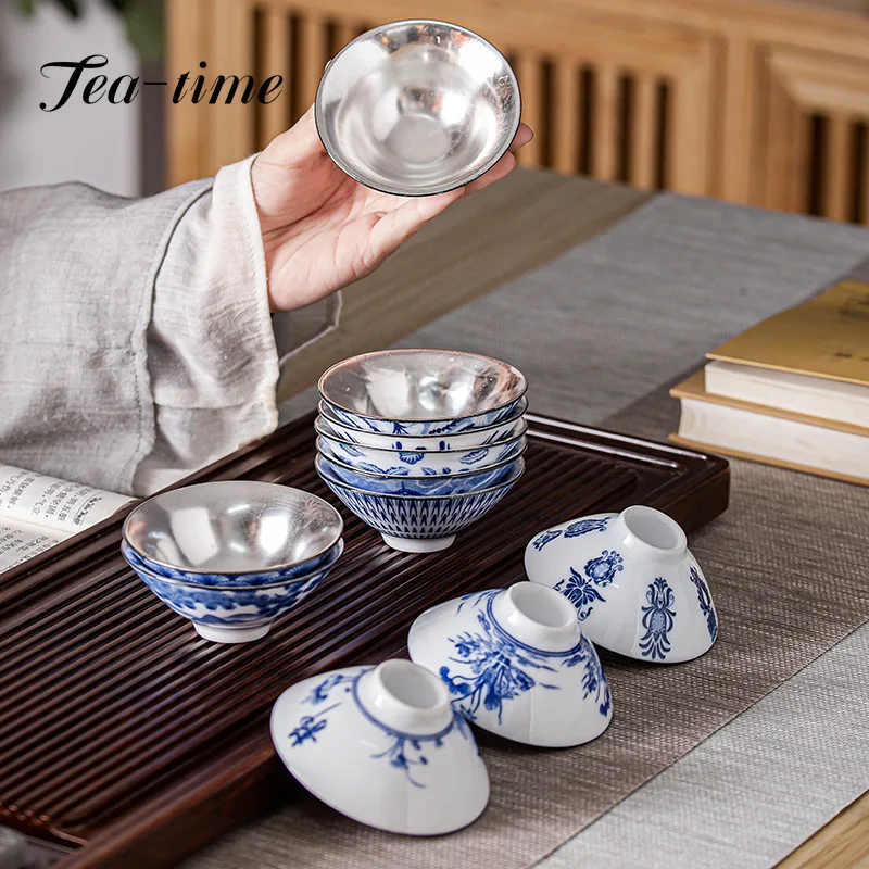 60ml-Antique-Blue-and-White-Ceramic-Teacup-Handmade-Inlaid-Silver ...