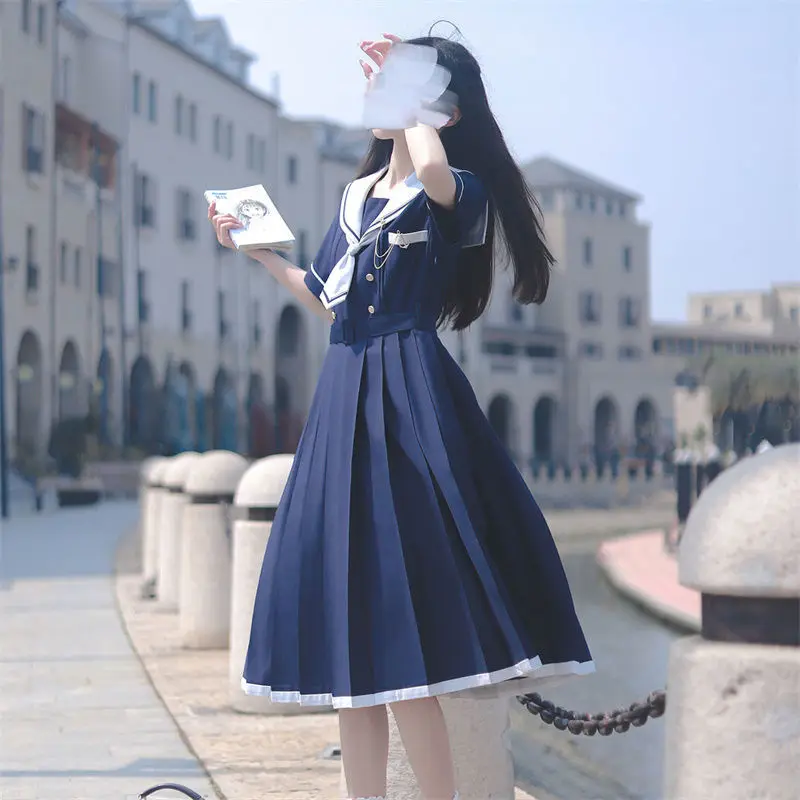 Sailor Collar Midi Dress For Women Preppy Style Clothes Vintage ...
