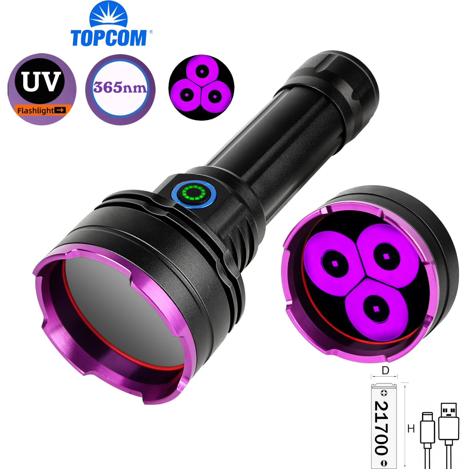Rechargeable UV Flashlight 365 395 nm - High Power Upgraded Triple ...