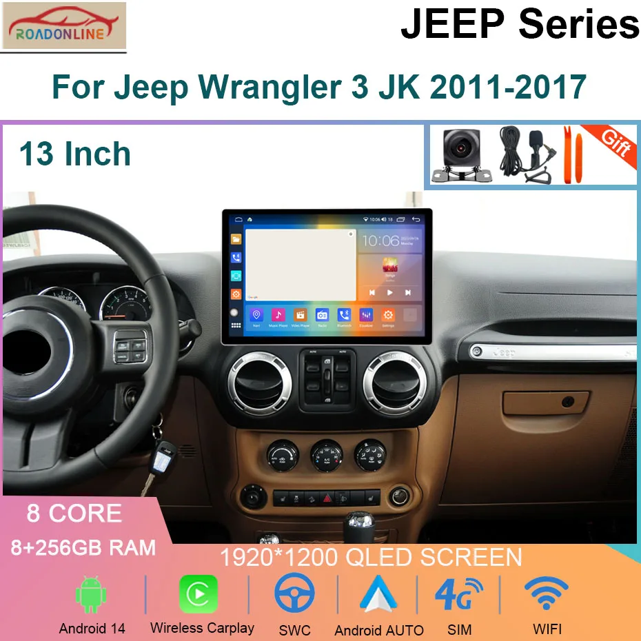 Android 14 8+256GB 13 INCH 2K Screen Car Radio For Jeep Wrangler 3 JK ...