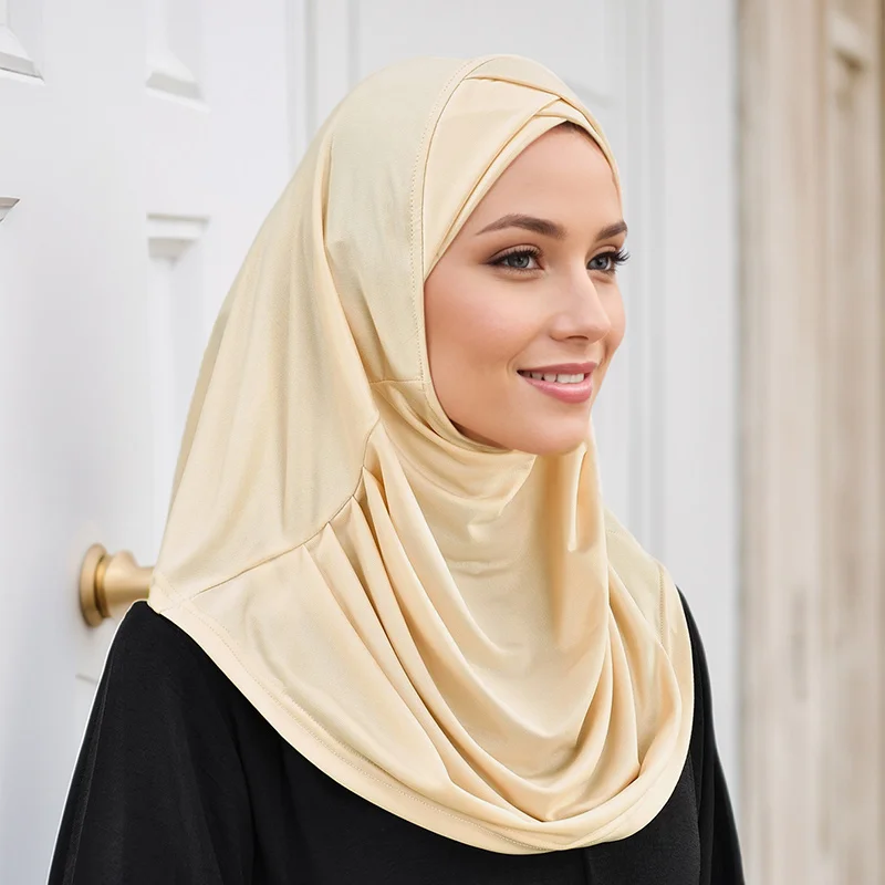 Crossed Forehead Muslim Instant Hijab Women Cotton Hijab Solid Color ...