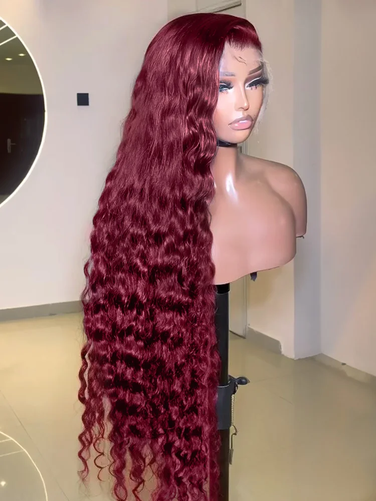 99J Burgundy 30 40 Inch Deep Wave 13x6 Lace Front Wig Curly Red Colored ...