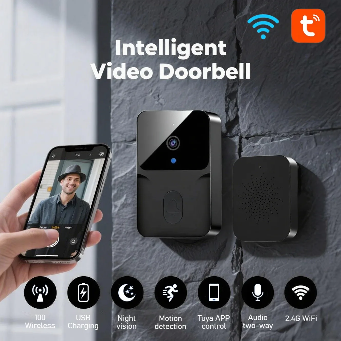 Tuya Smart WiFi Video Wireless Doorbell Night Vision Two Way Audio ...