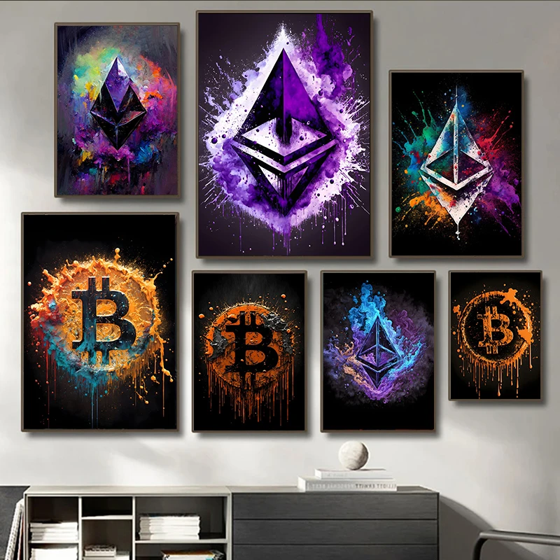 Modern-Splatter-Bitcoin-Ethereum-Poster-ETH-BTC-Crypto-Virtual-Coins ...