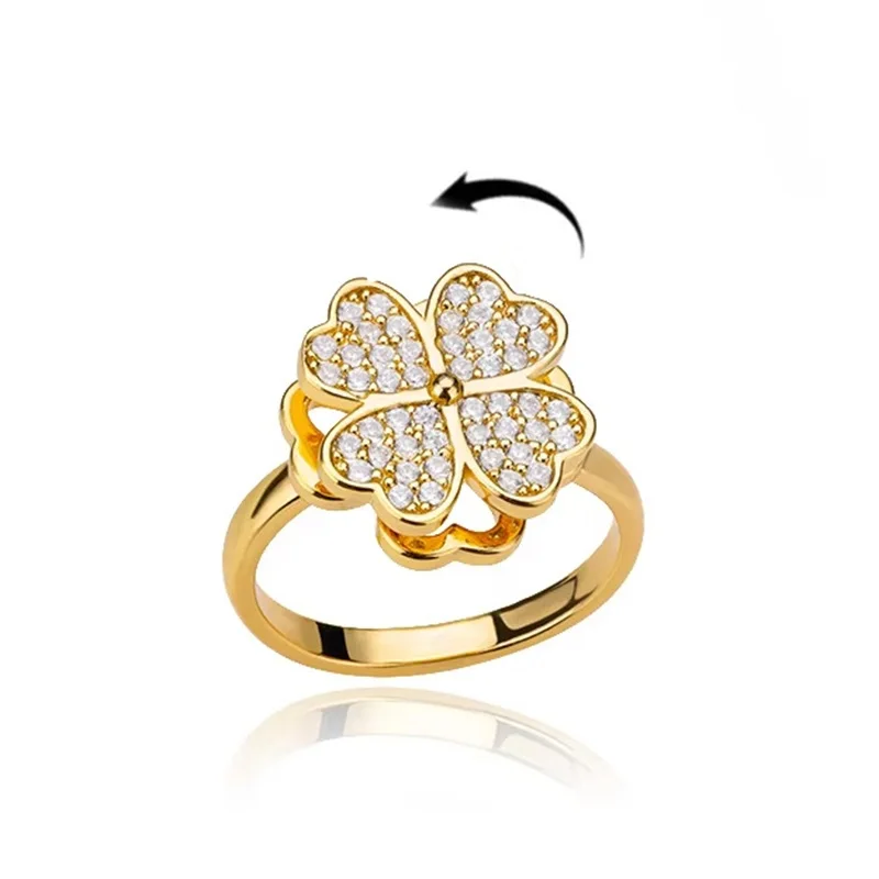 Lucky Clover Spinner Open Ring Rotating Anxiety Relief Design Zircon ...