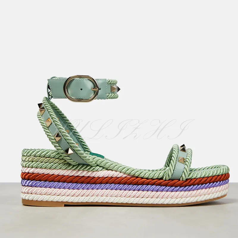 Stud-Decor-Rope-Wrap-Wedge-Heel-Sandals-Women-Pink-Green-Mixed-Colors ...