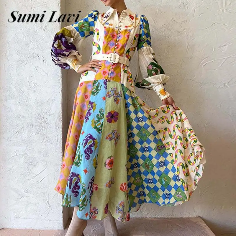 Spring-Lapel-Button-Patchwork-Irregular-Dress-Elegant-Lantern-Long ...