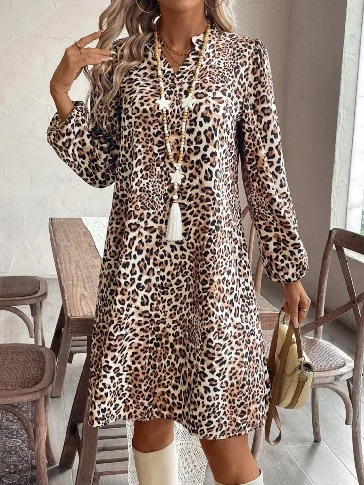 Summer Print Dress Lady Fashion Long Sleeve V Neck Pullover Loose ...