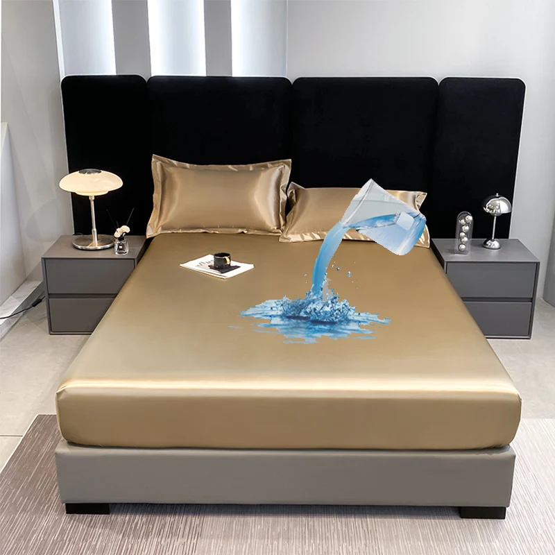 Satin-Waterproof-Fitted-Sheet-Silky-Solid-Color-Bed-Sheet-Breathable ...