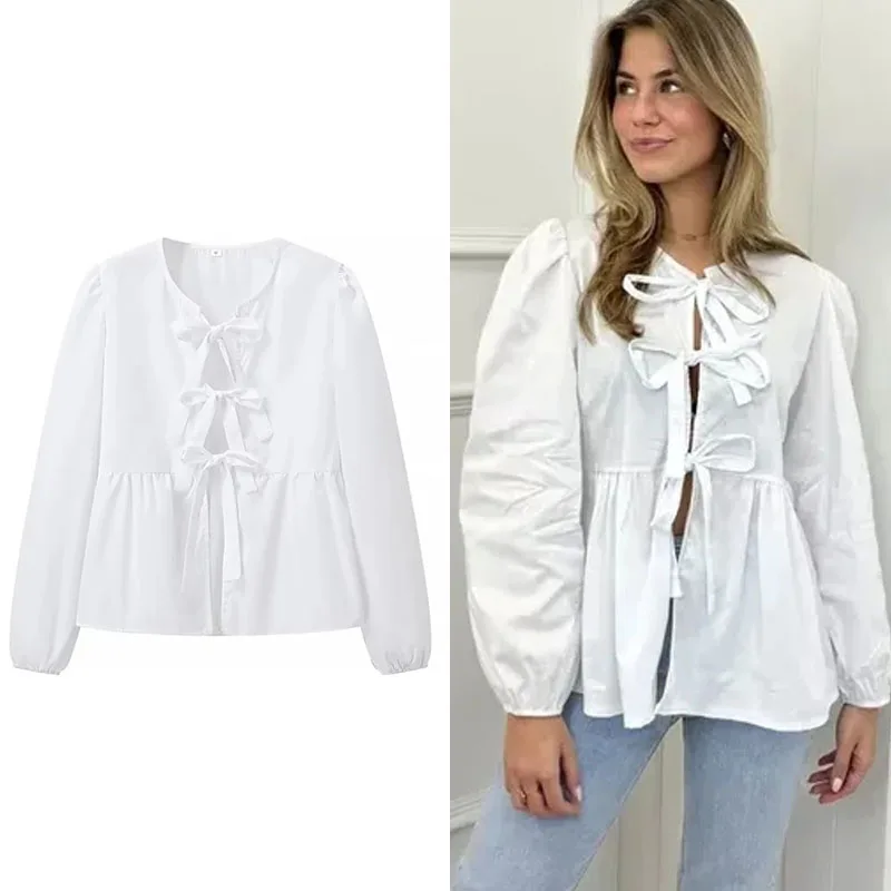 TRAF-blusa-recortada-con-lazo-para-mujer-camiseta-de-manga-larga ...