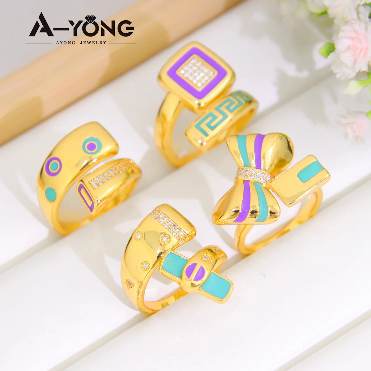Luxury-Zircon-Gold-Rings-18k-Copper-Golden-Plated-Enamel-Color-Women ...