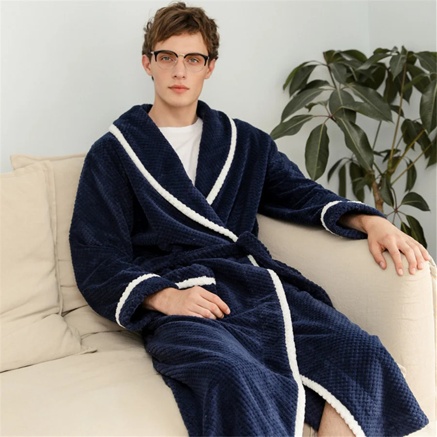 Warm Autumn Winter Flannel Men Bathrobe Thick Long Night Sleepwear ...