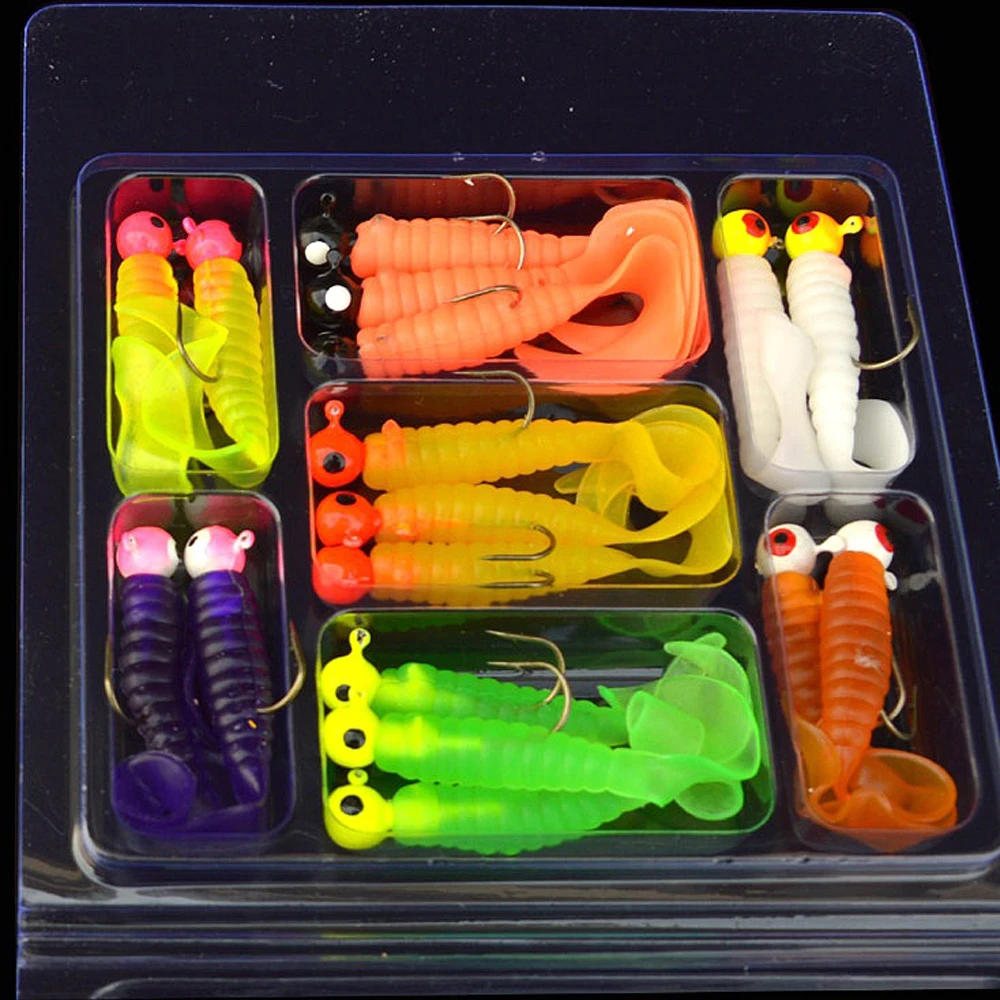 34pcs 1 Set 17pcs Metal Jig Head Fishing Hooks + 17pcs Soft Worm Lure ...