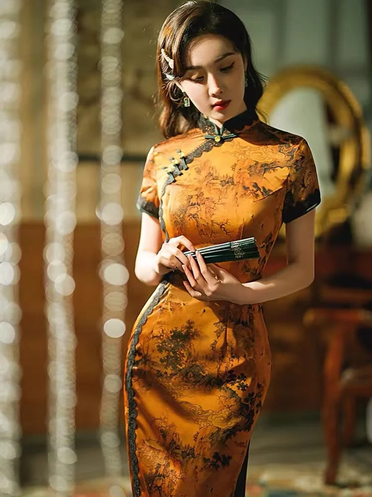 Chinese Dress Ladies Silk Cheongsam Orange Hanfu 2022 New High-end ...
