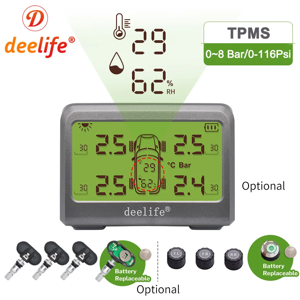 Deelife TPMS 솔라 카 타이어 압력 모니터링 시스템 0-8 바 TMPS 휠 타이어 내부 외부 센서
