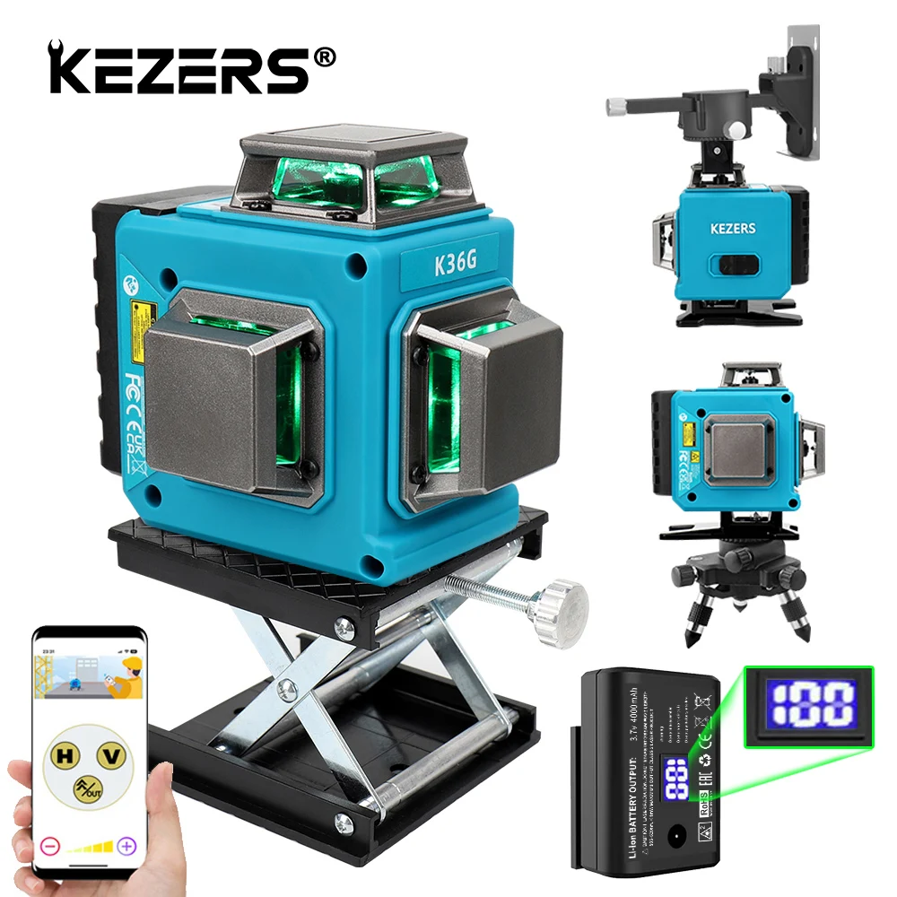 KEZERS-Green-Laser-Level-3D-12-Lines-Self-leveling-360-1PC-4000mAh-Li ...
