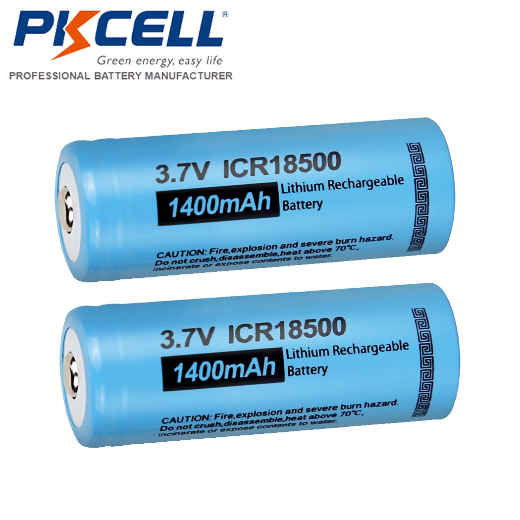 2 개/묶음 PKCELL ICR 18500 배터리 3.7V 1400mAh 충전식 리튬 이온 배터리, 충전지 18500 ...