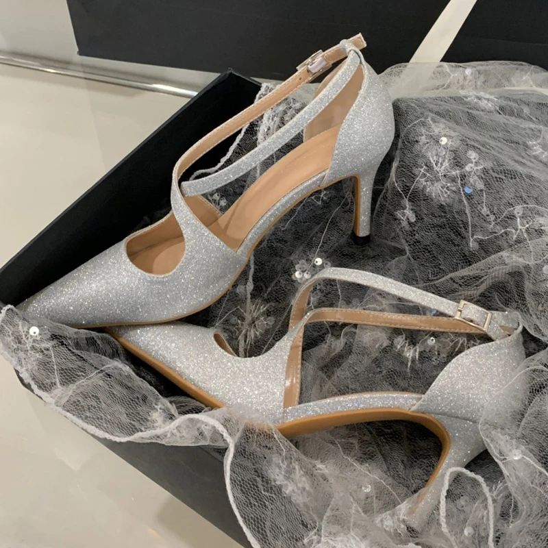 Aneikeh Fashion Silver Glitter High Heels Cross Buckle Sandals Pumps ...