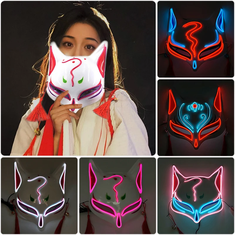 Luminous Japanese Neon Light Fox Mask Anime Cosplay Party Mask Flashing ...