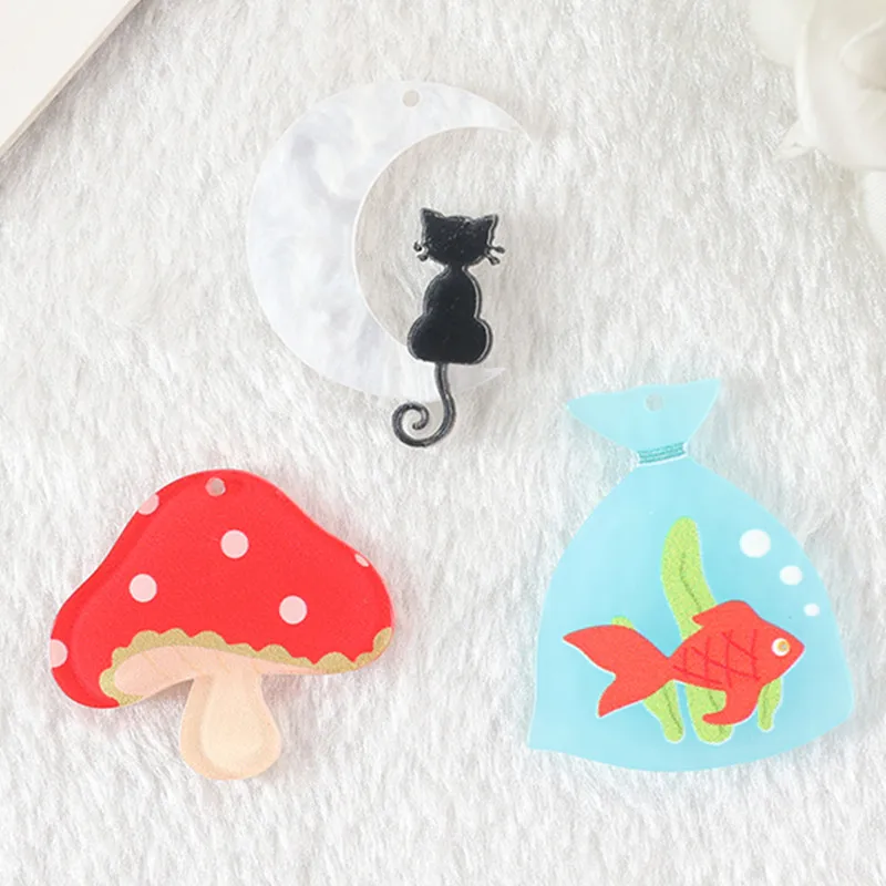 6pcs Mushroon Charms Acrylic Magic Moon Cat Goldfish Bag Pendant For ...