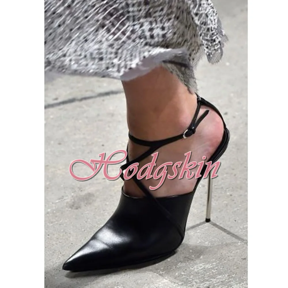 Metal-Stiletto-Heels-Solid-Pumps-Pointy-Toe-Leather-Straps-Buckles ...