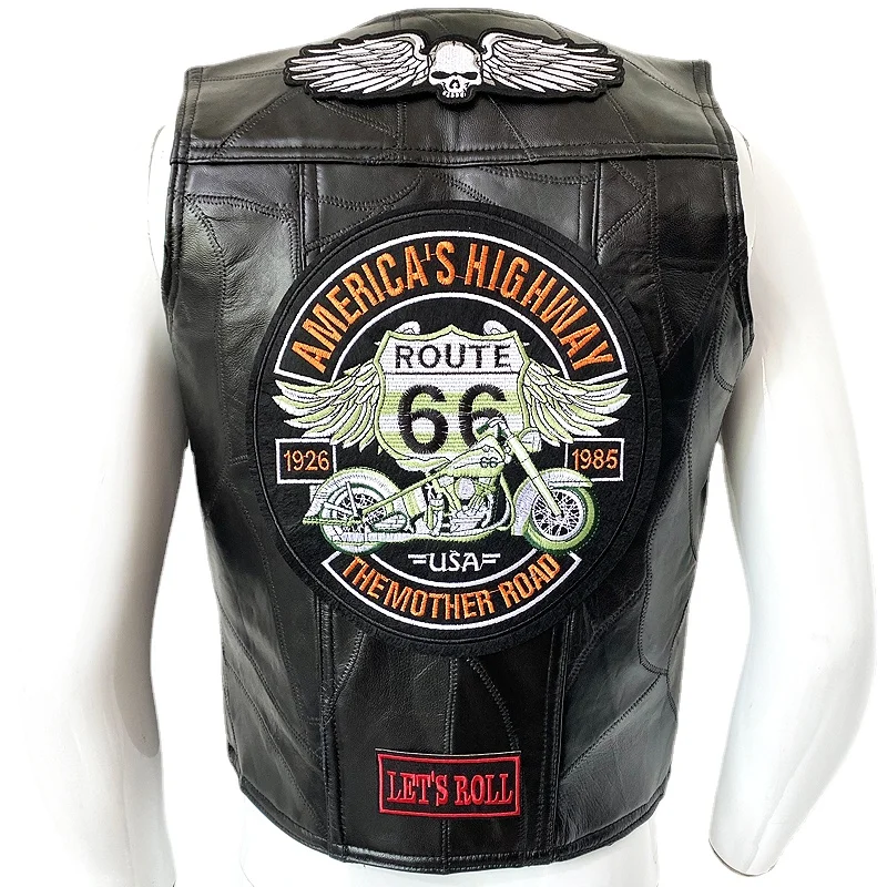 New Men Leather Motorcycle Vest Fashion Embroidery Sleeveless Jacket ...
