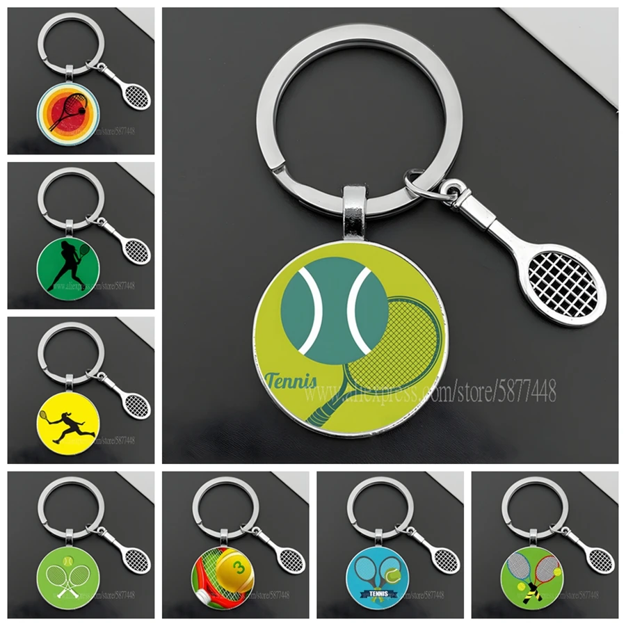 Tennis sports keychain tennis racket pendant glass dome key chain ...