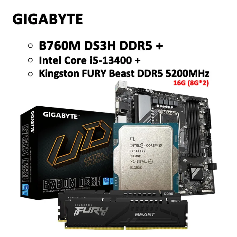 Intel Core i5 13400 CPU + GIGABYTE B760M DS3H DDR5 + Kingston FURY Beast DDR5 16G (8G * 2 ...