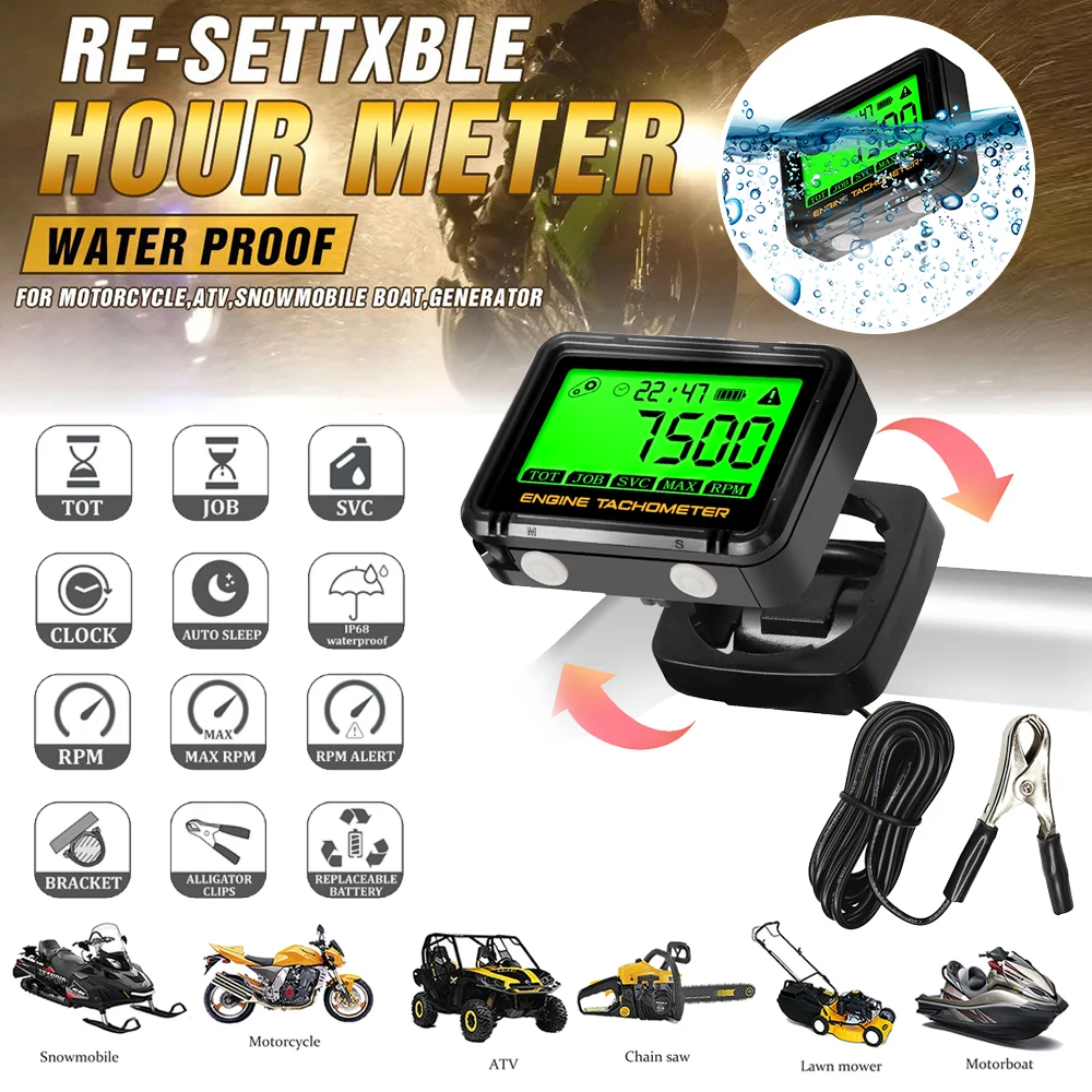 Alligator-Clip-Induction-Tachometer-with-Clock-Gauge-Engine-Hour-Meter ...