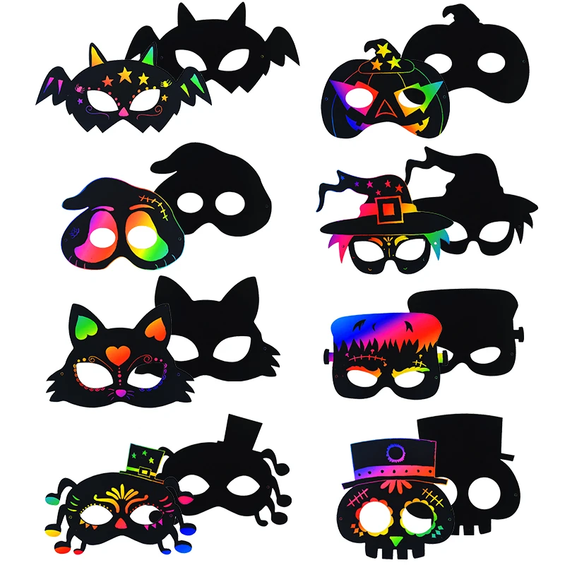 8pcs-Halloween-Kids-Mask-Magic-Rainbow-Color-Spider-Bat-Ghost-Scratch ...