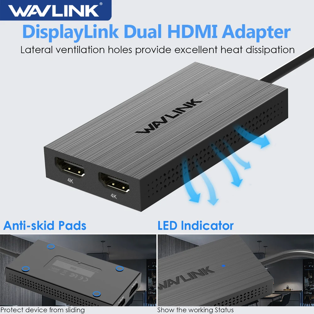 WAVLINK DisplayLink Dual 4K@60Hz Display Adapter USB C to Dual HDMI ...