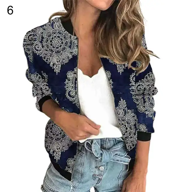 Women Floral Jackets Autumn Long Sleeve Zipper Print Bomber Jacket ...