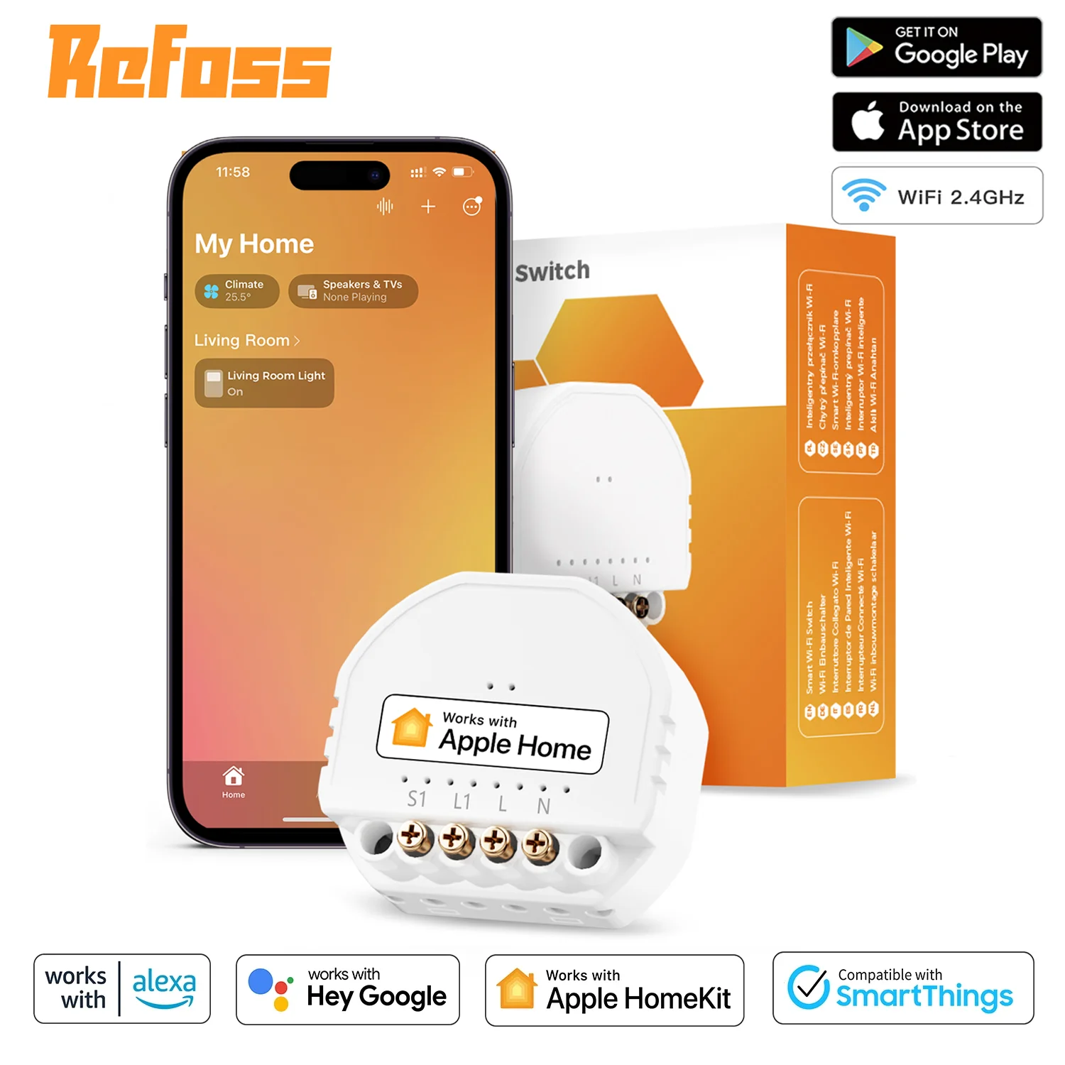 Refoss WiFi HomeKit Smart Switch Module 1 Gang 1 Way DIY Light Switch ...