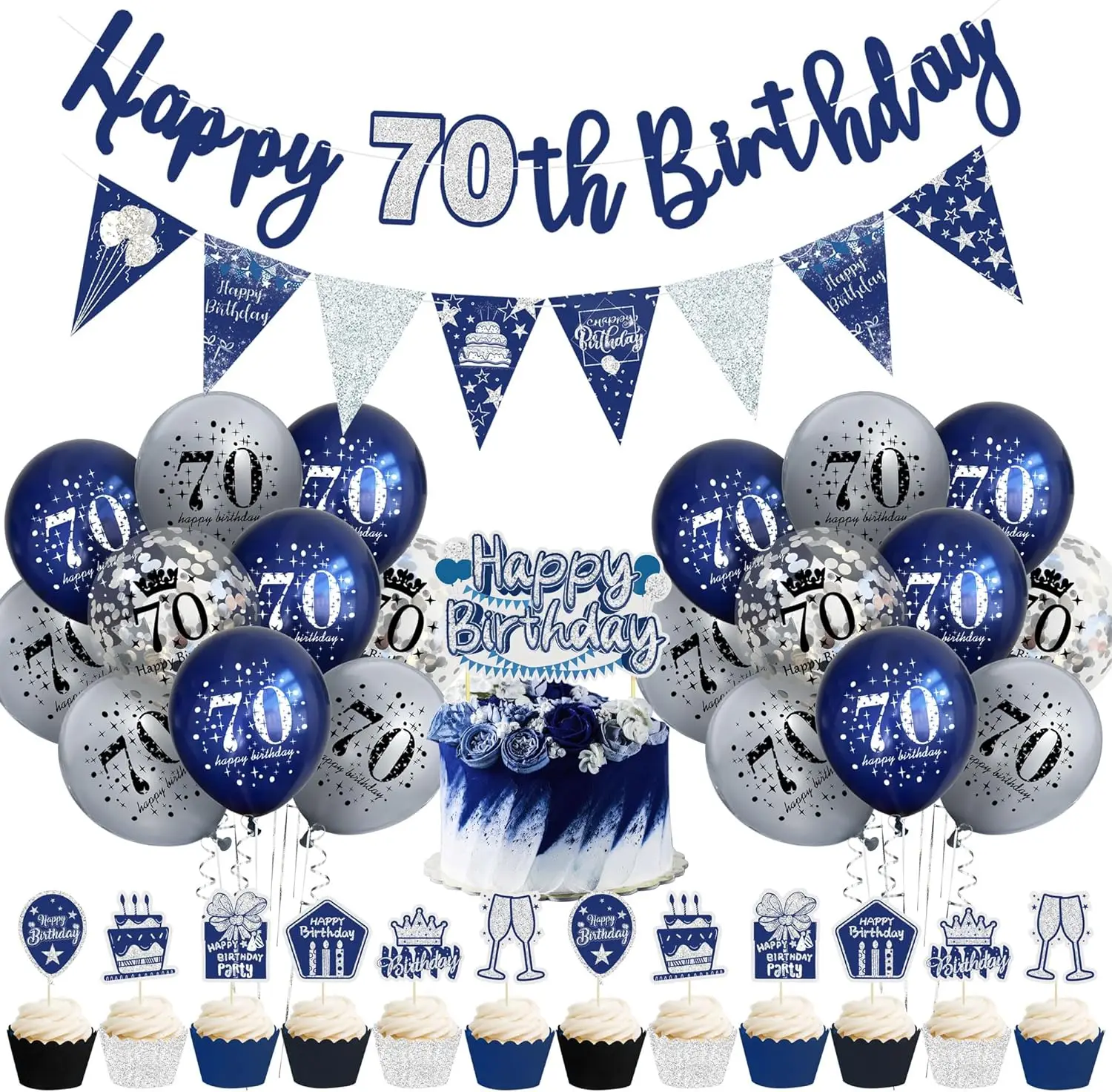 Navy Blue 70th Birthday Party Decorations Silver Happy 70th Birthday ...